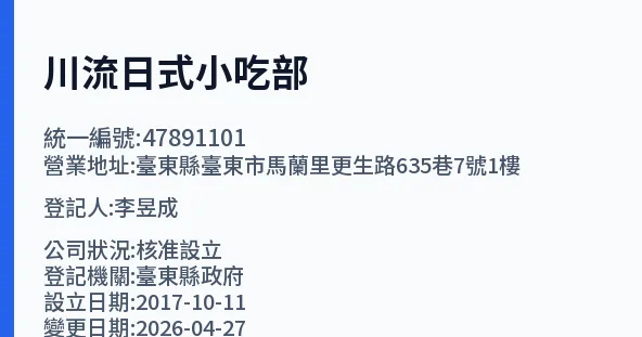 川流日式小吃部的照片-統編 47891101(臺東縣) 公司登記資料與營業項目詳細圖表