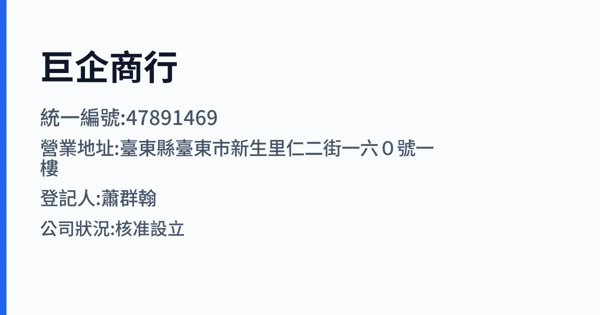 巨企商行 - 統編 47891469(臺東縣) 公司登記資料與營業項目詳細圖表