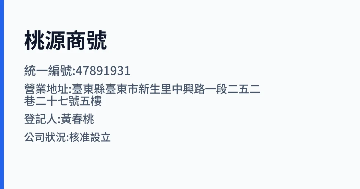 桃源商號 - 統編 47891931(臺東縣) 公司登記資料與營業項目詳細圖表