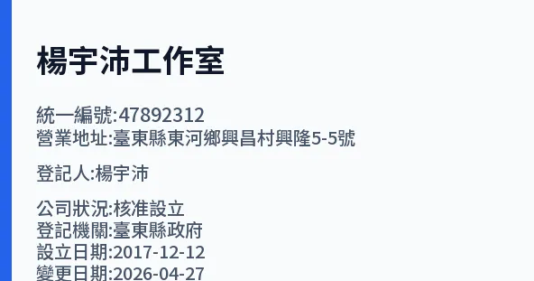楊宇沛工作室的照片-統編 47892312(臺東縣) 公司登記資料與營業項目詳細圖表
