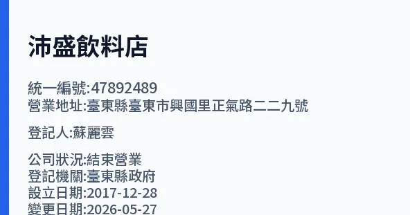 沛盛飲料店的照片-統編 47892489(臺東縣) 公司登記資料與營業項目詳細圖表