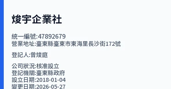 焌宇企業社的照片-統編 47892679(臺東縣) 公司登記資料與營業項目詳細圖表