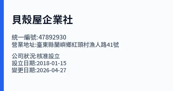 貝殼屋企業社的照片-統編 47892930(臺東縣) 公司登記資料與營業項目詳細圖表