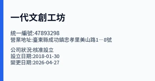 一代文創工坊的照片-統編 47893298(臺東縣) 公司登記資料與營業項目詳細圖表