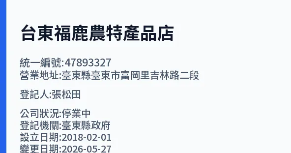 台東福鹿農特產品店的照片-統編 47893327(臺東縣) 公司登記資料與營業項目詳細圖表