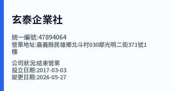 玄泰企業社的照片-統編 47894064(嘉義縣) 公司登記資料與營業項目詳細圖表