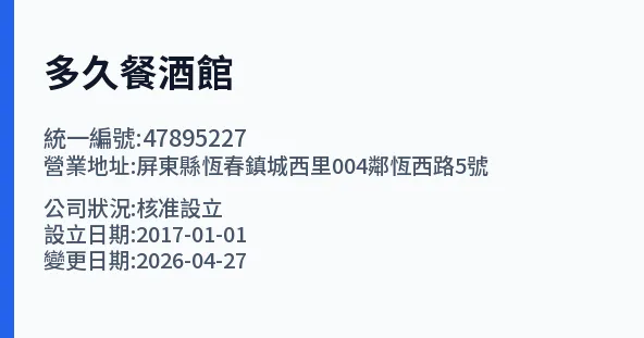 多久餐酒館的照片-統編 47895227(屏東縣) 公司登記資料與營業項目詳細圖表