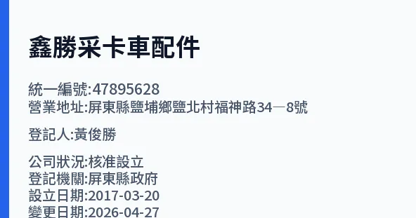 鑫勝采卡車配件的照片-統編 47895628(屏東縣) 公司登記資料與營業項目詳細圖表