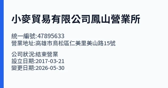 小麥貿易有限公司鳳山營業所的照片-統編 47895633(高雄市) 公司登記資料與營業項目詳細圖表