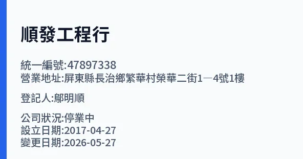 順發工程行的照片-統編 47897338(屏東縣) 公司登記資料與營業項目詳細圖表