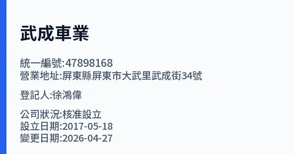 武成車業的照片-統編 47898168(屏東縣) 公司登記資料與營業項目詳細圖表