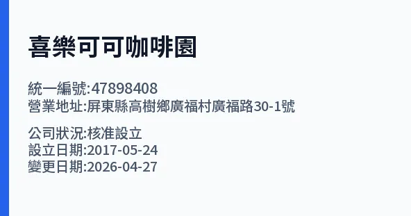 喜樂可可咖啡園的照片-統編 47898408(屏東縣) 公司登記資料與營業項目詳細圖表