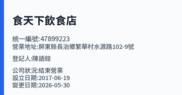 食天下飲食店的照片-統編 47899223(屏東縣) 公司登記資料與營業項目詳細圖表