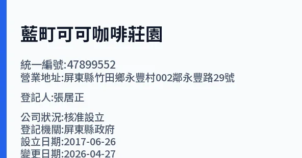 藍町可可咖啡莊園的照片-統編 47899552(屏東縣) 公司登記資料與營業項目詳細圖表