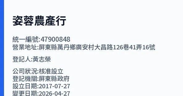 姿蓉農產行的照片-統編 47900848(屏東縣) 公司登記資料與營業項目詳細圖表