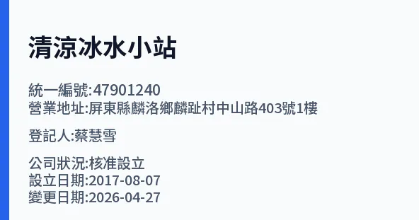 清涼冰水小站的照片-統編 47901240(屏東縣) 公司登記資料與營業項目詳細圖表