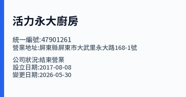 活力永大廚房的照片-統編 47901261(屏東縣) 公司登記資料與營業項目詳細圖表
