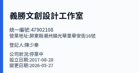 義勝文創設計工作室的照片-統編 47902108(屏東縣) 公司登記資料與營業項目詳細圖表