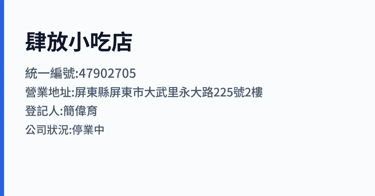 肆放小吃店 - 統編 47902705(屏東縣) 公司登記資料與營業項目詳細圖表