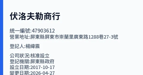 伏洛夫勒商行的照片-統編 47903612(屏東縣) 公司登記資料與營業項目詳細圖表