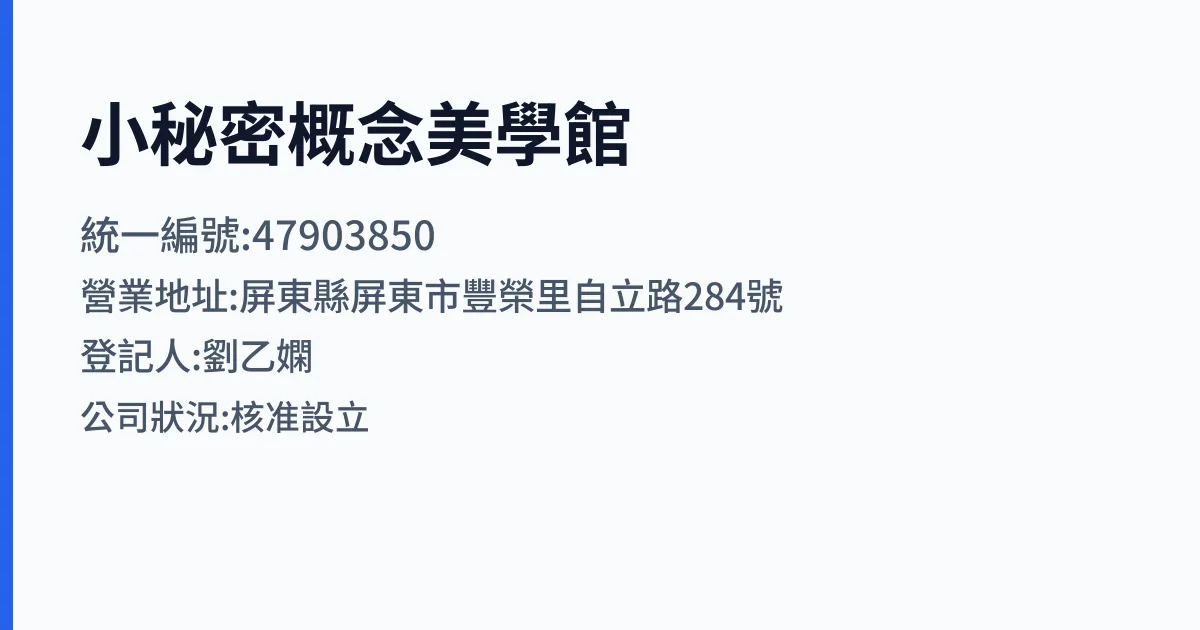 小秘密概念美學館 - 統編 47903850(屏東縣) 公司登記資料與營業項目詳細圖表