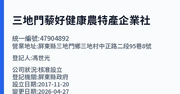 三地門藜好健康農特產企業社的照片-統編 47904892(屏東縣) 公司登記資料與營業項目詳細圖表