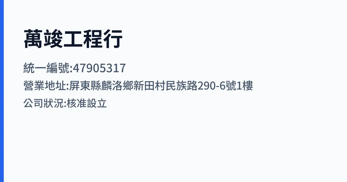 萬竣工程行 - 統編 47905317(屏東縣) 公司登記資料與營業項目詳細圖表