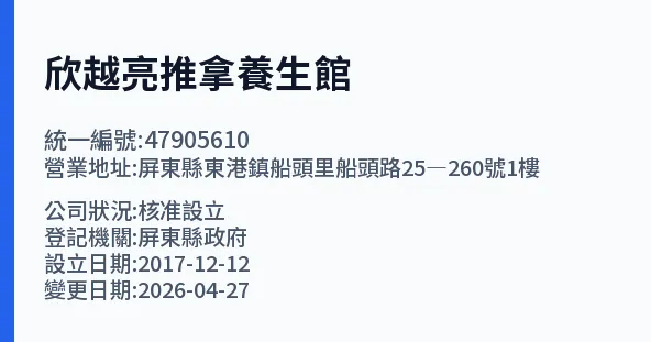 欣越亮推拿養生館的照片-統編 47905610(屏東縣) 公司登記資料與營業項目詳細圖表