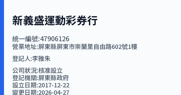 新義盛運動彩券行的照片-統編 47906126(屏東縣) 公司登記資料與營業項目詳細圖表