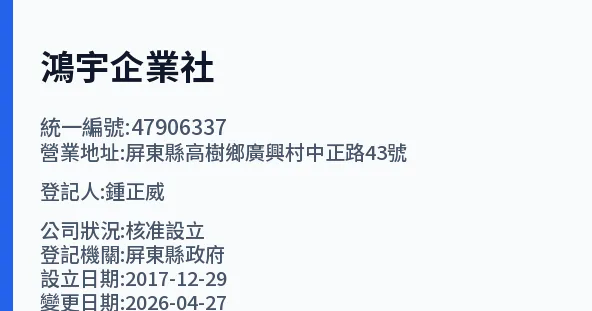 鴻宇企業社的照片-統編 47906337(屏東縣) 公司登記資料與營業項目詳細圖表