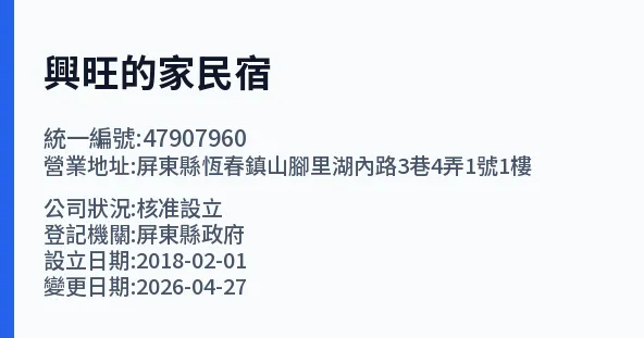 興旺的家民宿的照片-統編 47907960(屏東縣) 公司登記資料與營業項目詳細圖表