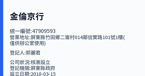 金倫京行的照片-統編 47909593(屏東縣) 公司登記資料與營業項目詳細圖表