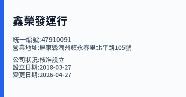 鑫榮發運行的照片-統編 47910091(屏東縣) 公司登記資料與營業項目詳細圖表