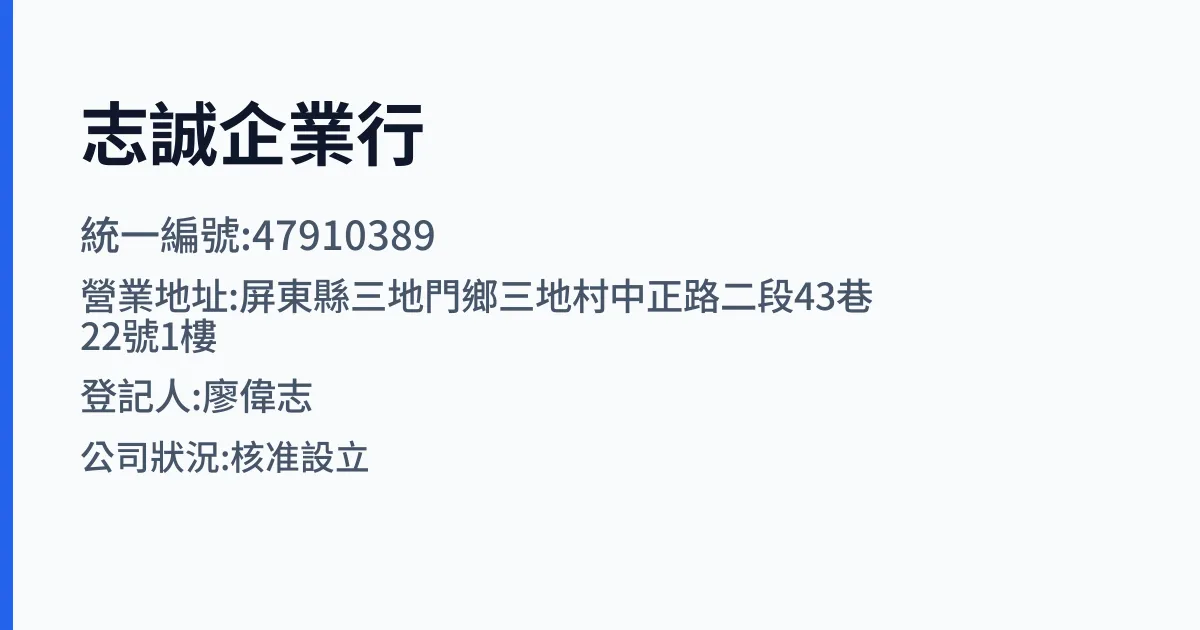 志誠企業行 - 統編 47910389(屏東縣) 公司登記資料與營業項目詳細圖表