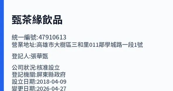 甄茶緣飲品的照片-統編 47910613(高雄市) 公司登記資料與營業項目詳細圖表