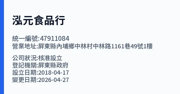 泓元食品行的照片-統編 47911084(屏東縣) 公司登記資料與營業項目詳細圖表