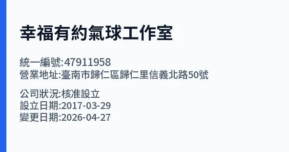 幸福有約氣球工作室的照片-統編 47911958(臺南市) 公司登記資料與營業項目詳細圖表