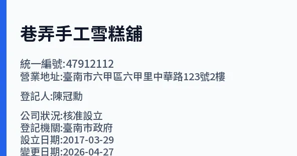 巷弄手工雪糕舖的照片-統編 47912112(臺南市) 公司登記資料與營業項目詳細圖表