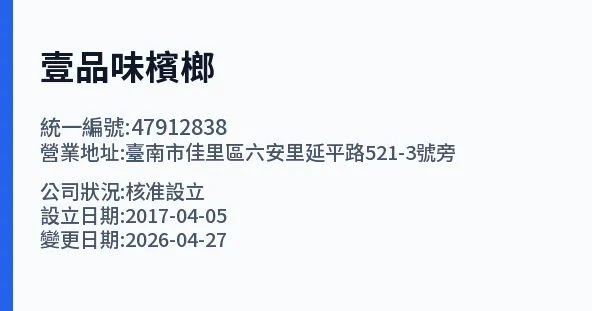 壹品味檳榔的照片-統編 47912838(臺南市) 公司登記資料與營業項目詳細圖表