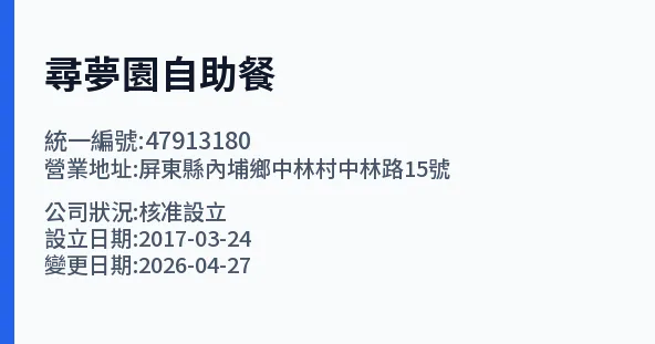 尋夢園自助餐的照片-統編 47913180(屏東縣) 公司登記資料與營業項目詳細圖表