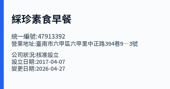 綵珍素食早餐的照片-統編 47913392(臺南市) 公司登記資料與營業項目詳細圖表