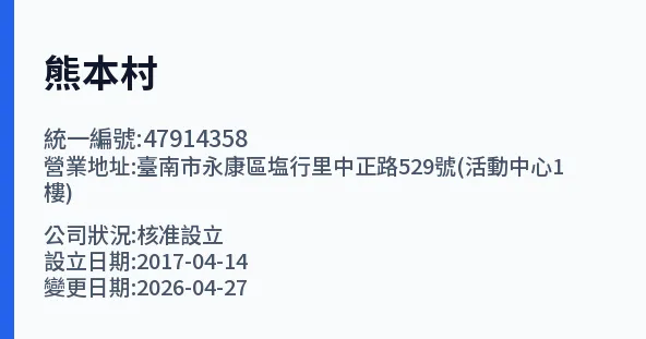 熊本村的照片-統編 47914358(臺南市) 公司登記資料與營業項目詳細圖表