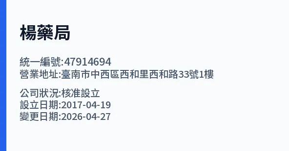 楊藥局的照片-統編 47914694(臺南市) 公司登記資料與營業項目詳細圖表