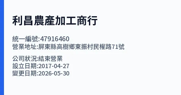 利昌農產加工商行的照片-統編 47916460(屏東縣) 公司登記資料與營業項目詳細圖表