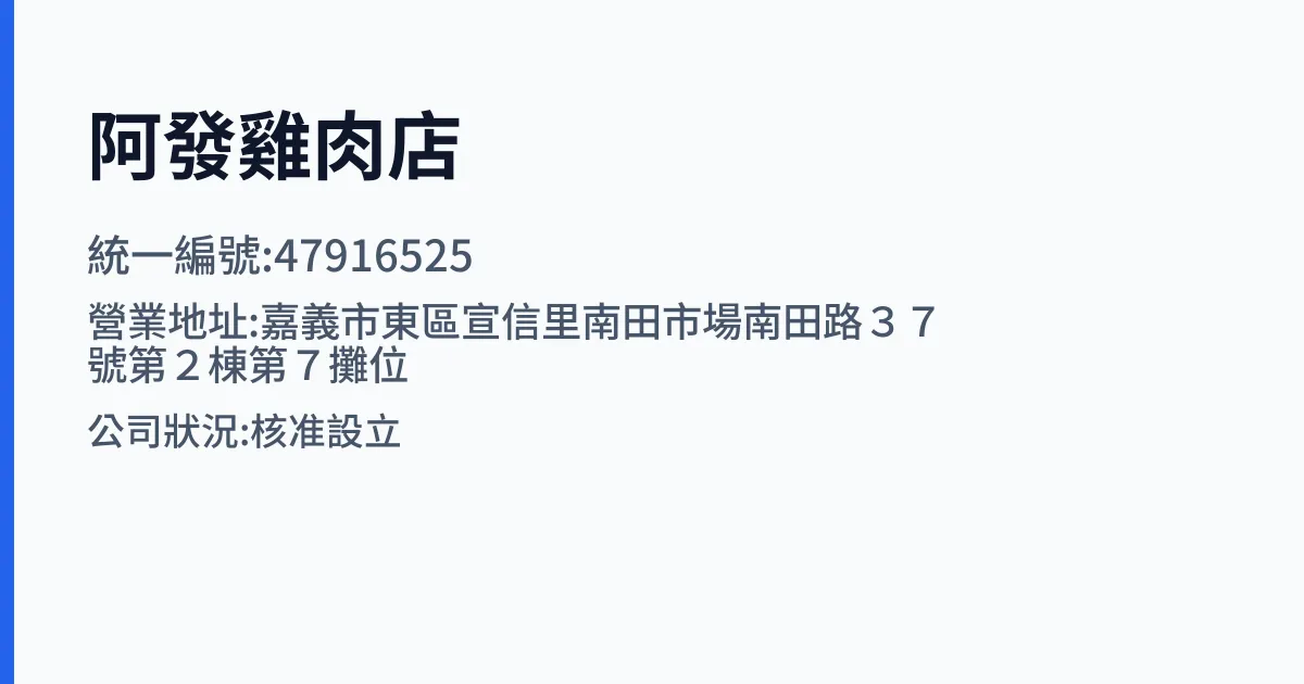 阿發雞肉店 - 統編 47916525(嘉義市) 公司登記資料與營業項目詳細圖表