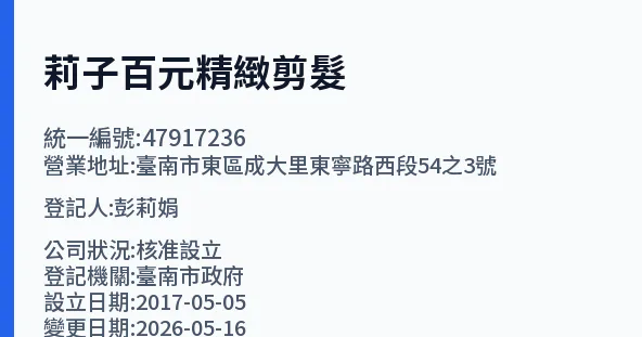 莉子百元精緻剪髮的照片-統編 47917236(臺南市) 公司登記資料與營業項目詳細圖表