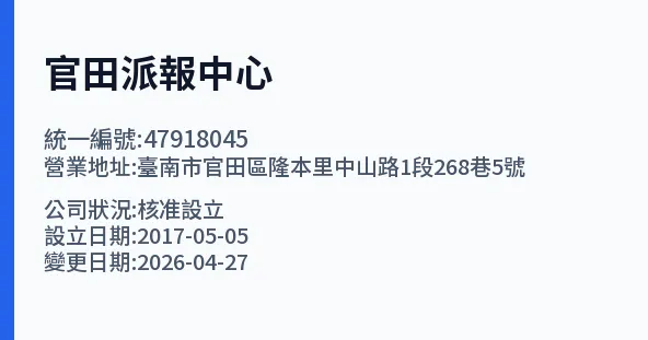 官田派報中心的照片-統編 47918045(臺南市) 公司登記資料與營業項目詳細圖表