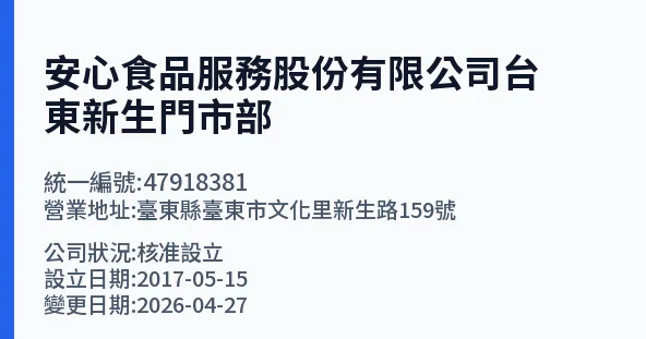 安心食品服務股份有限公司台東新生門市部的照片-統編 47918381(臺東縣) 公司登記資料與營業項目詳細圖表