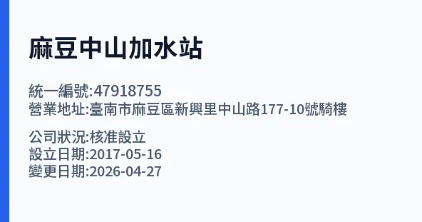 麻豆中山加水站的照片-統編 47918755(臺南市) 公司登記資料與營業項目詳細圖表