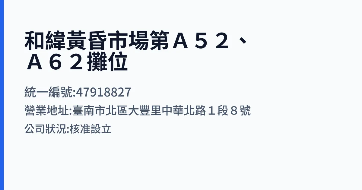 和緯黃昏市場第Ａ５２、Ａ６２攤位 - 統編 47918827(臺南市) 公司登記資料與營業項目詳細圖表